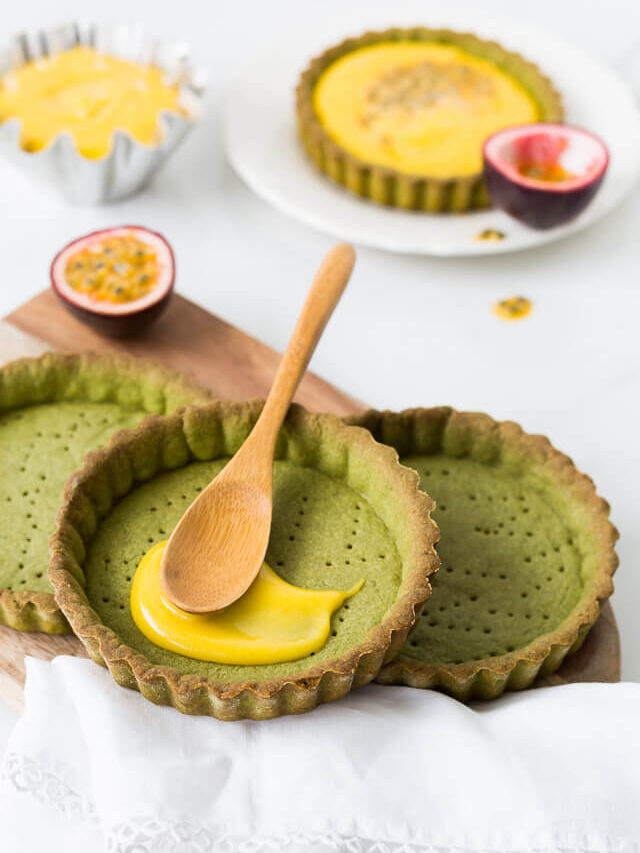 Matcha tarts with passion fruit curd - The Bake School