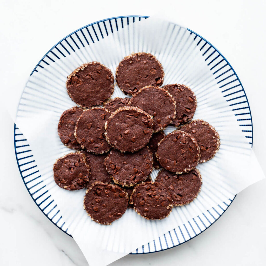 Chocolate sablés with mini dark chocolate chips